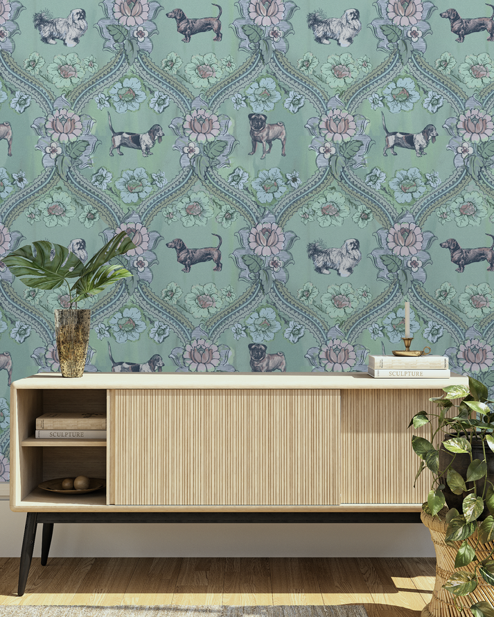 Small Dog Wallpaper, in Teal | Peel & Stick – super fun goods